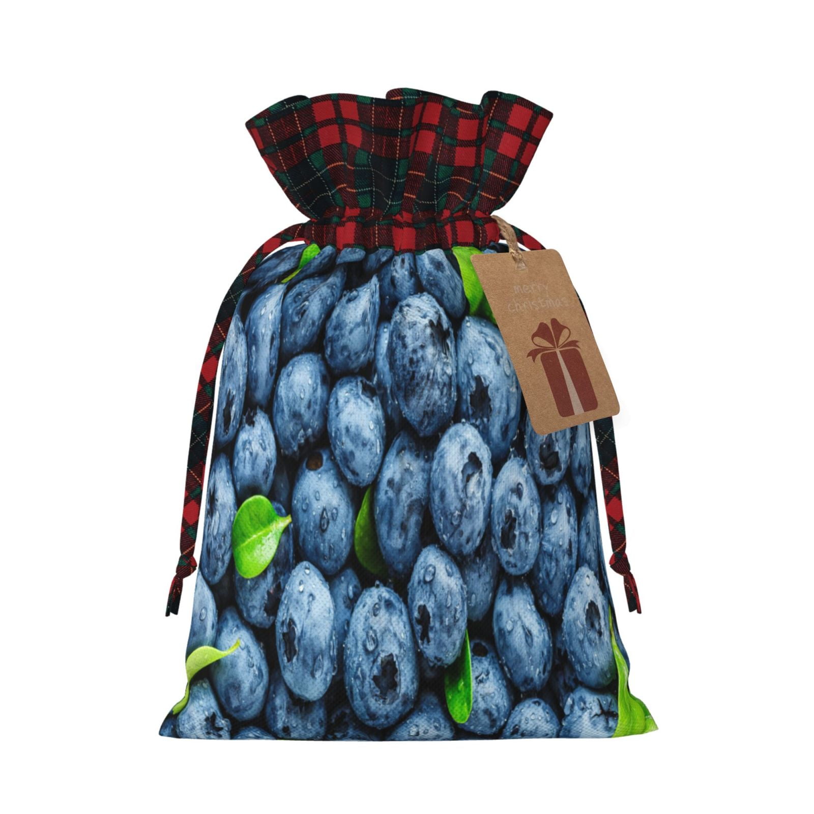 Rocae Fresh Blueberries Print Christmas Drawstring Linen Gift Bag with ...