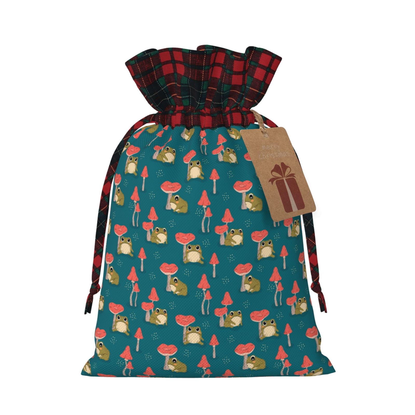 Rocae Frog and Mushrooms Print Christmas Drawstring Linen Gift Bag with ...