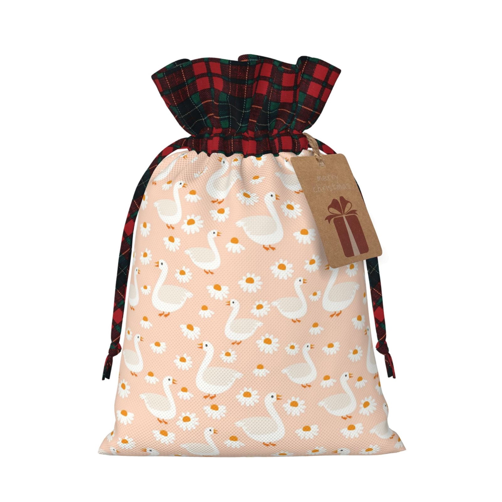 Rocae Geese and Flower Print Christmas Drawstring Linen Gift Bag with ...