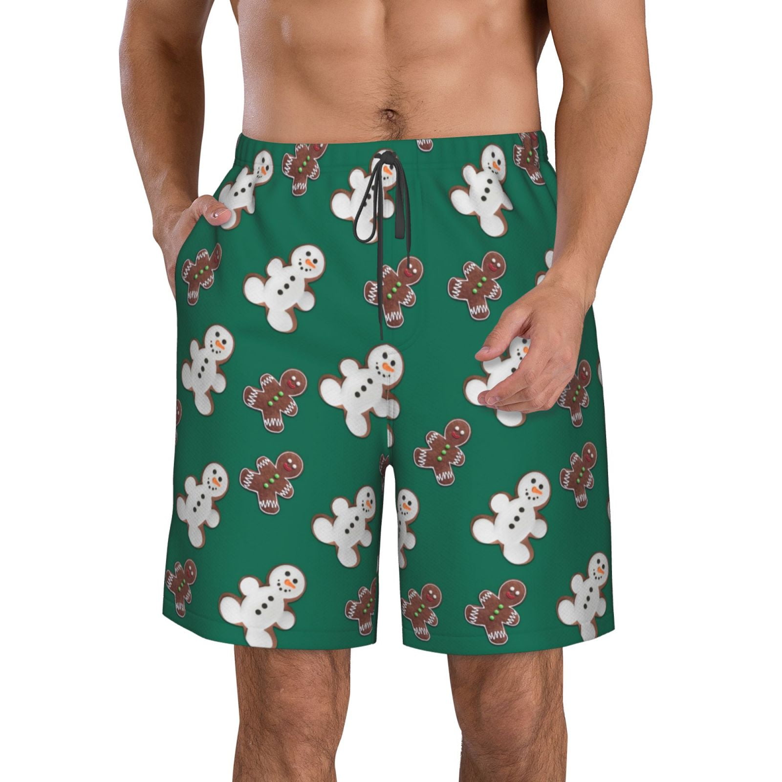 Rocae Gingerbread Snowman Cookies for Men's Beach Shorts Casual Elastic ...