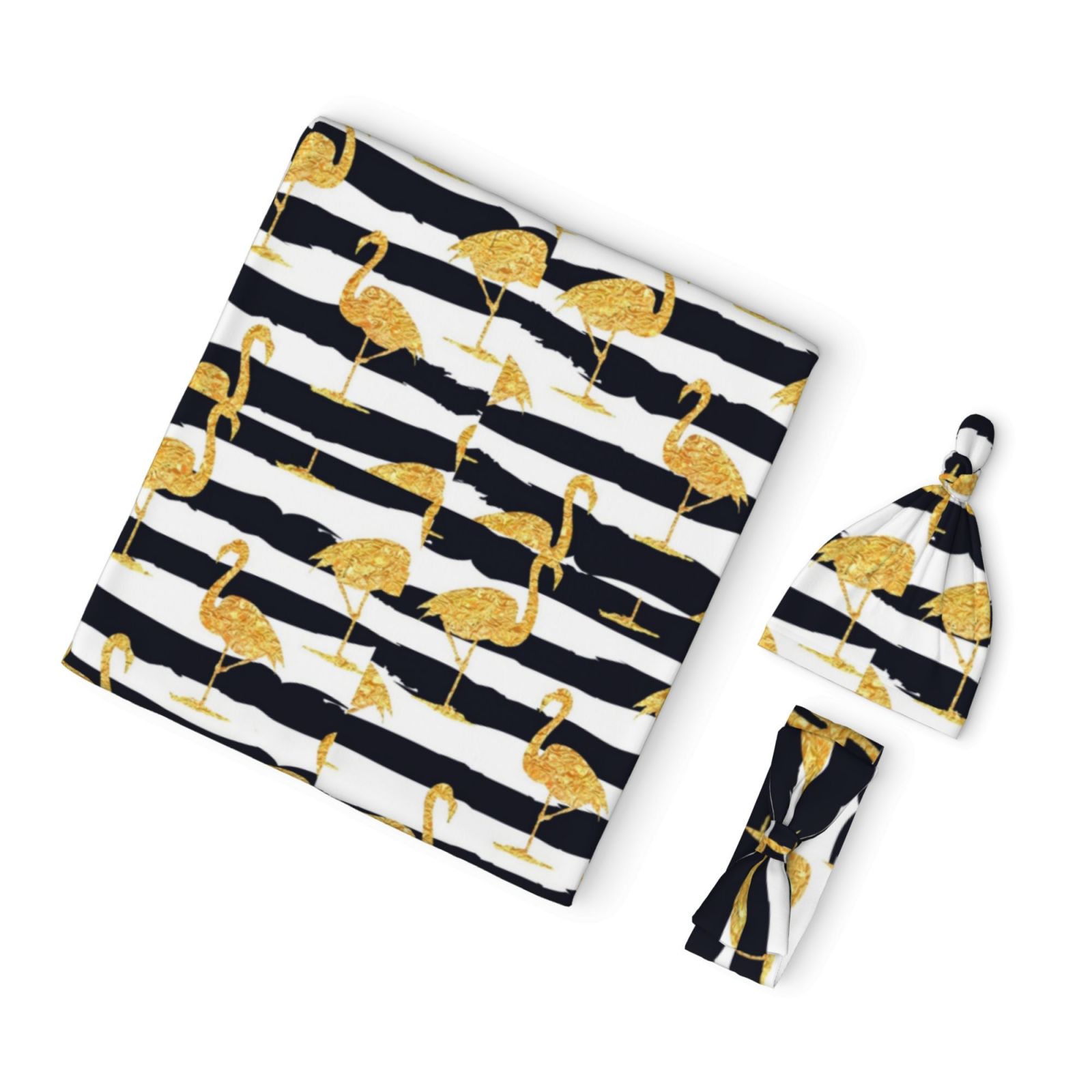 Rocae Gold Flamingo for Newborn Swaddle Set with Matching Beanie Hat and Headband Bow Baby ...
