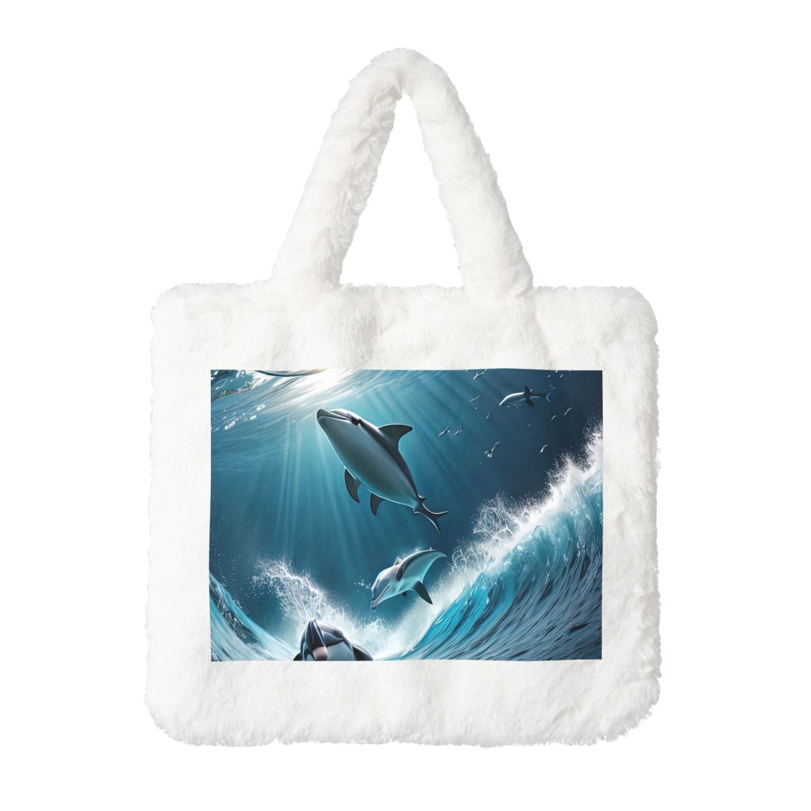 Rocae Ice Blue Ocean Cute Dolphin A or Plush Underarm Bag White Furry ...