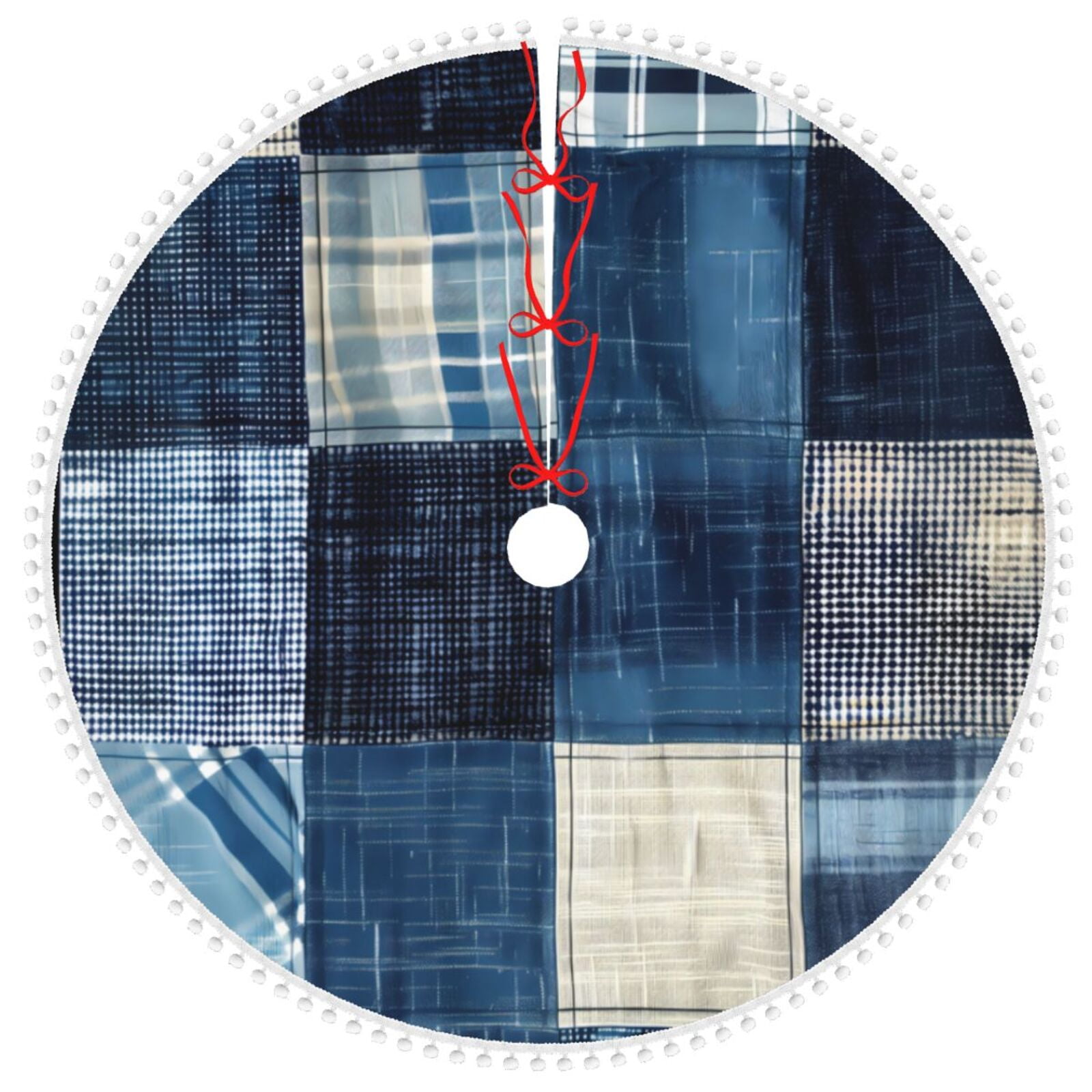 Rocae Indigo Patchwork Quilt for Christmas Tree Skirt with Pom Pom Trim ...