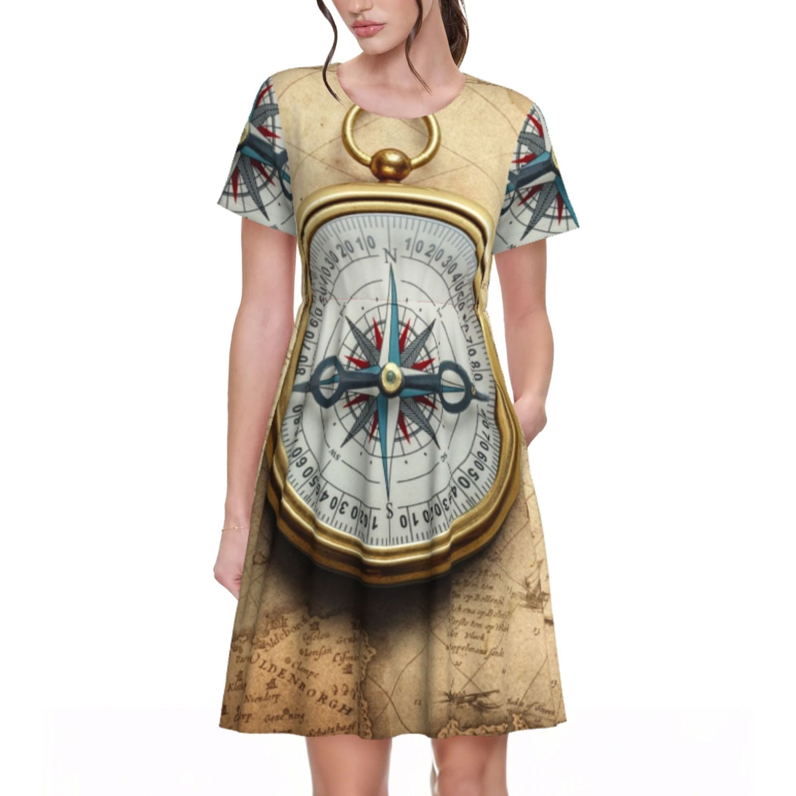 Rocae Magnetic Old Compass On World Map for Dresses Summer Casual ...
