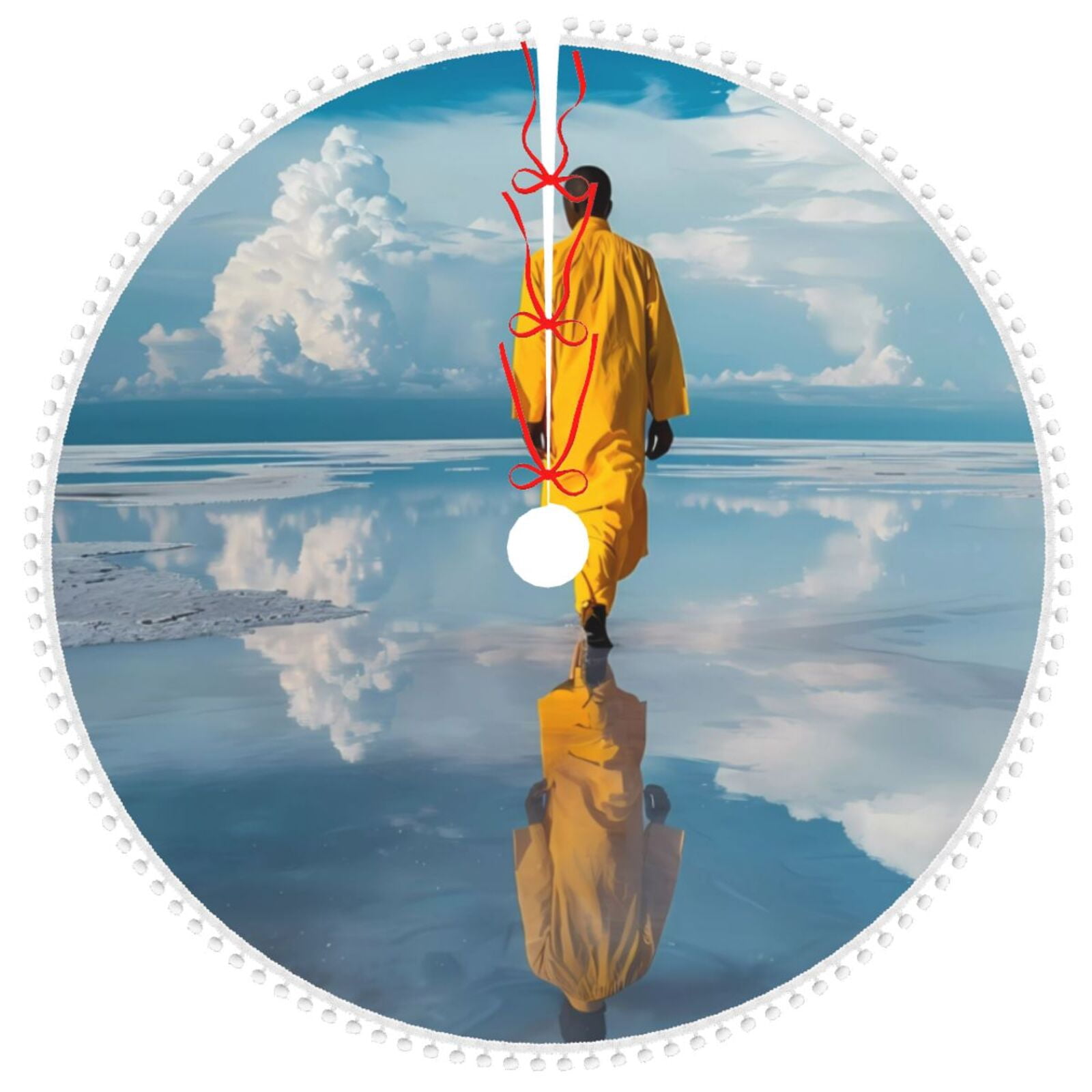 Rocae Monk Walking On Water for Christmas Tree Skirt with Pom Pom Trim ...