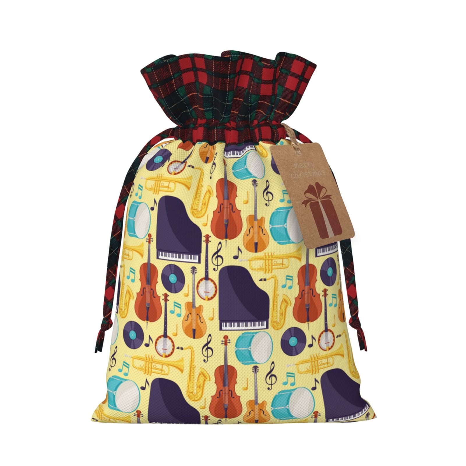 Rocae Musical Instruments Print Christmas Drawstring Linen Gift Bag ...