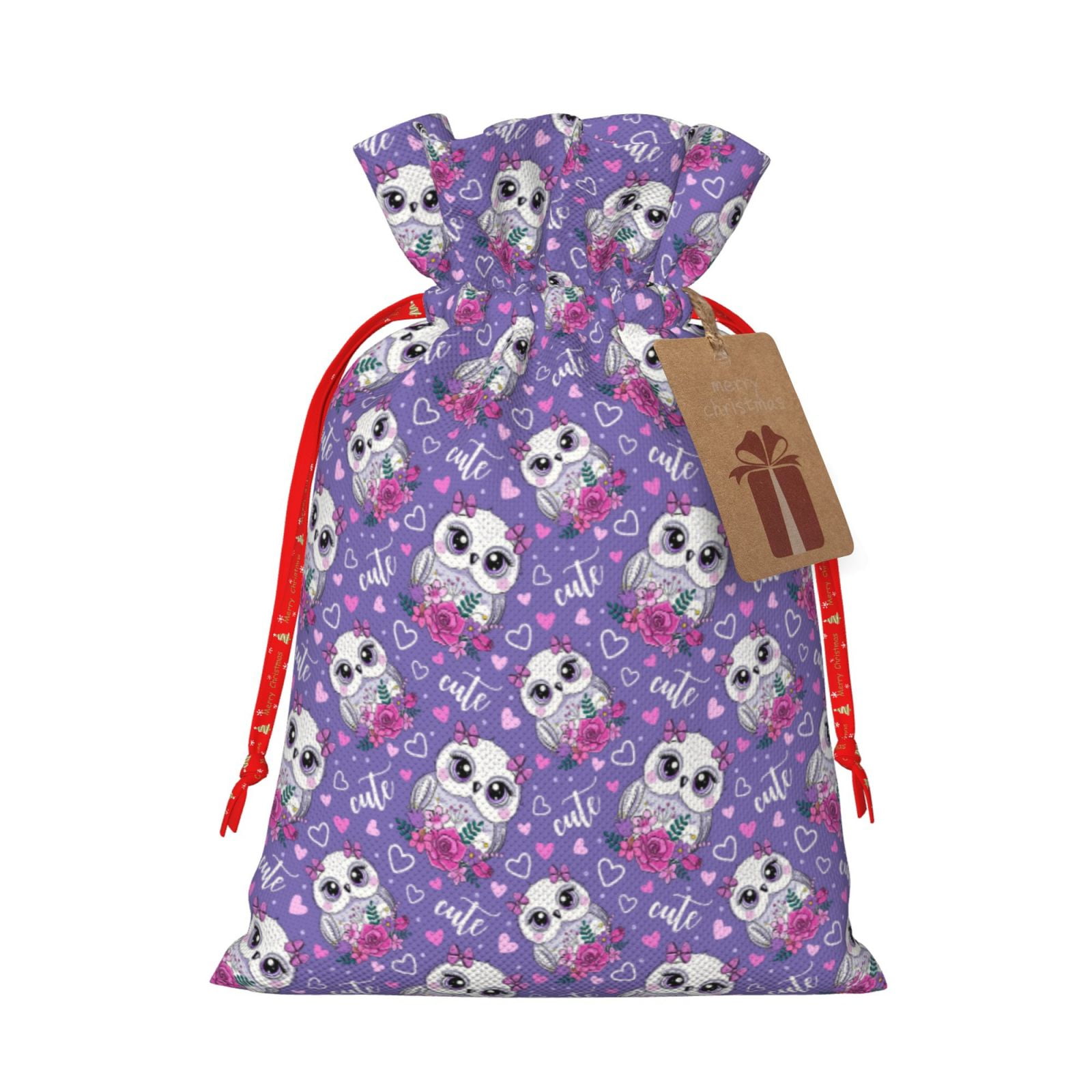 Rocae Owl And Flowers for Christmas Drawstring Linen Gift Bag with ...