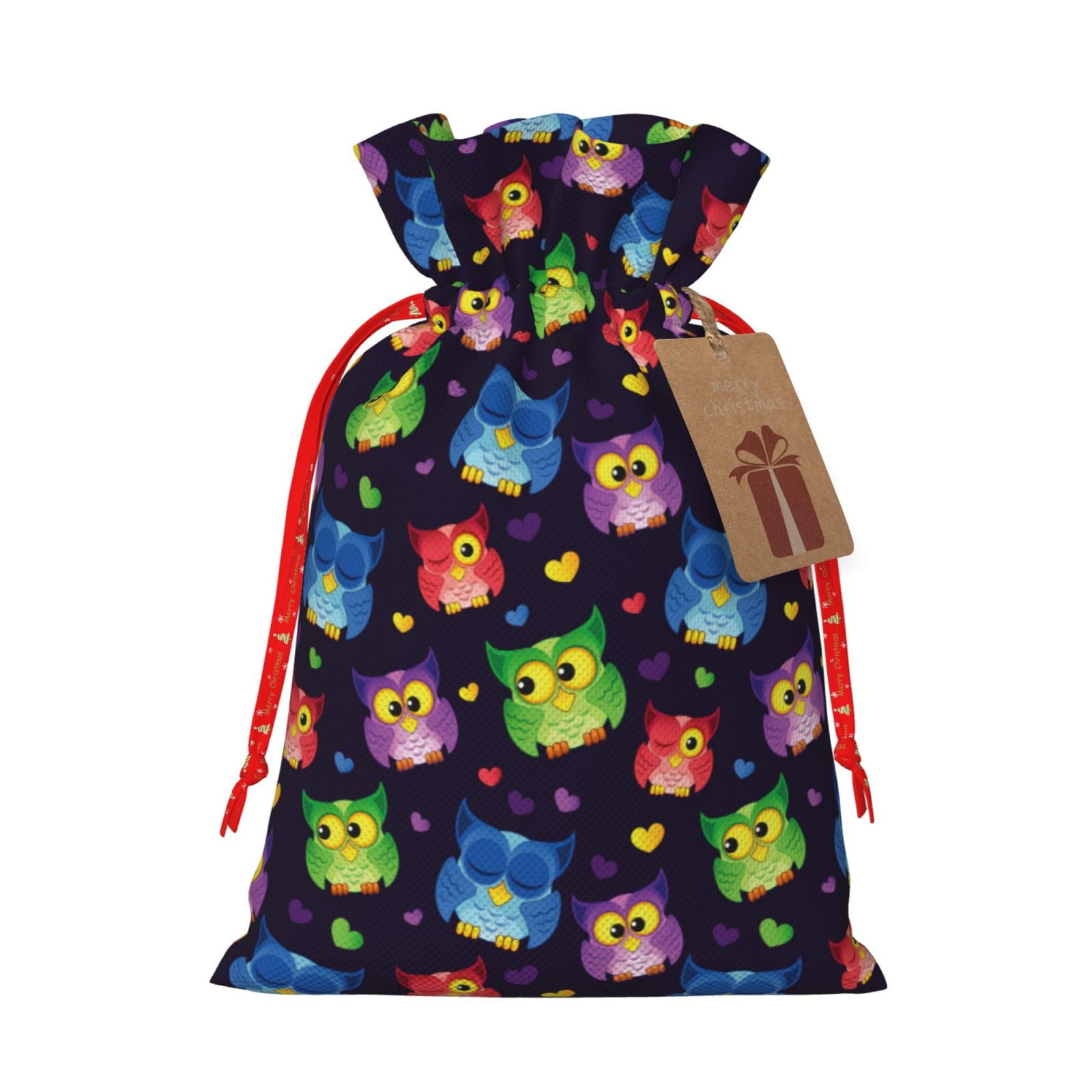 Rocae Owls And Hearts for Christmas Drawstring Linen Gift Bag with ...