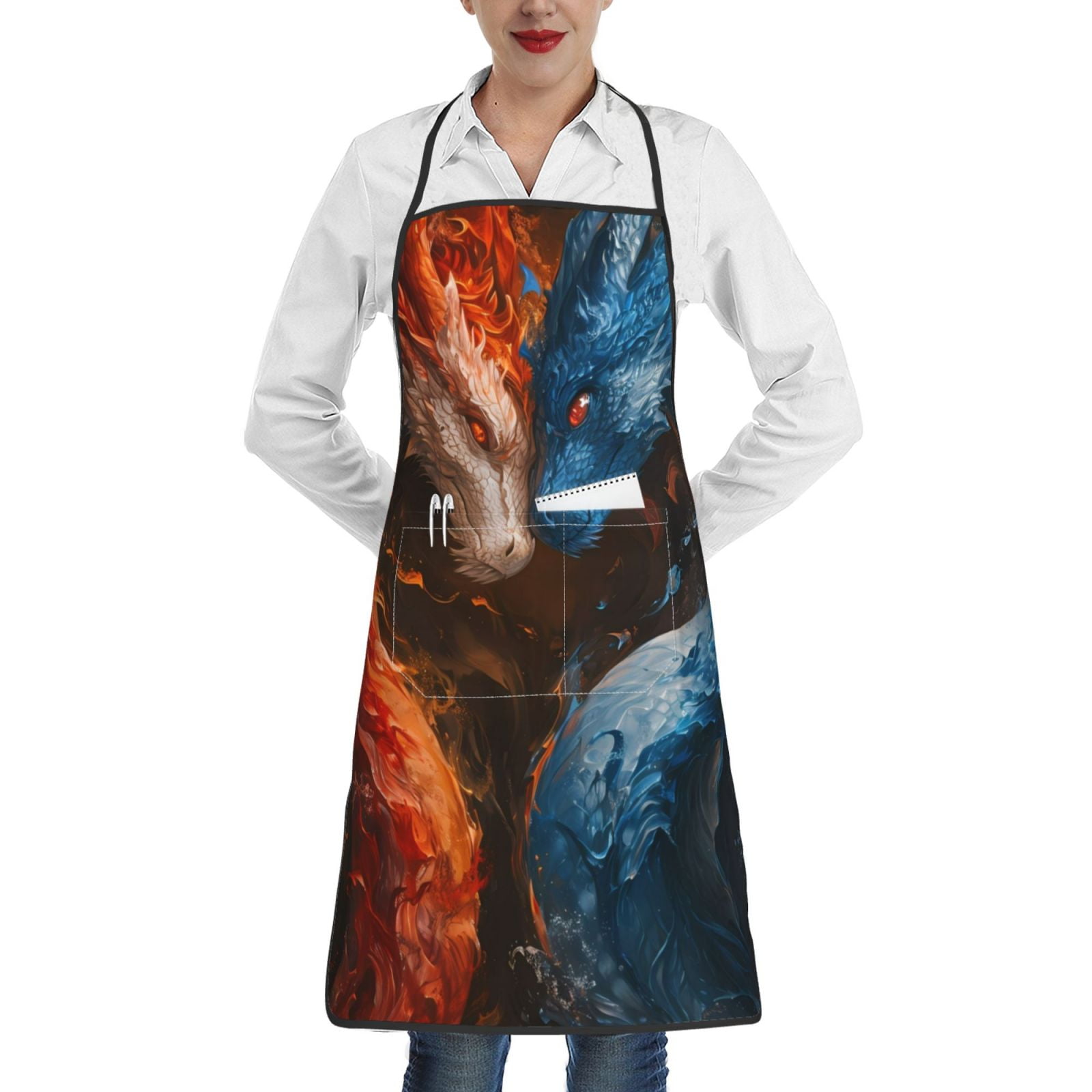 Rocae Red And Blue Fire Dragon F for Kitchen Aprons for Women ...