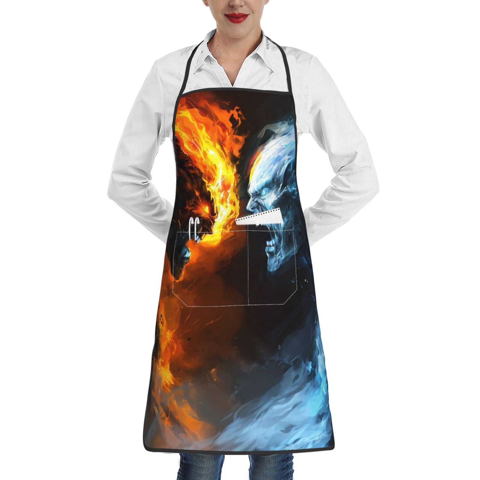 Rocae Red And Blue Fire Skull Warrior for Kitchen Aprons for Women ...