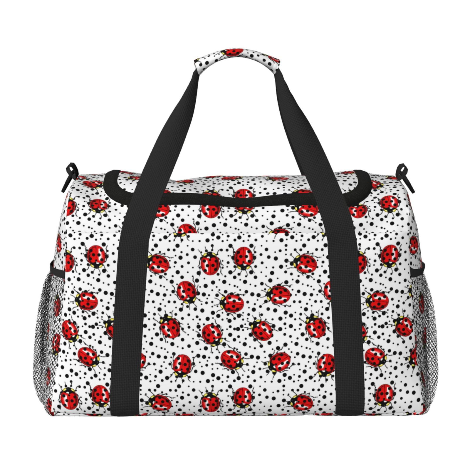 Rocae Red Ladybugs On Black Dotted Print Hand Travel Bag Travel Duffel ...