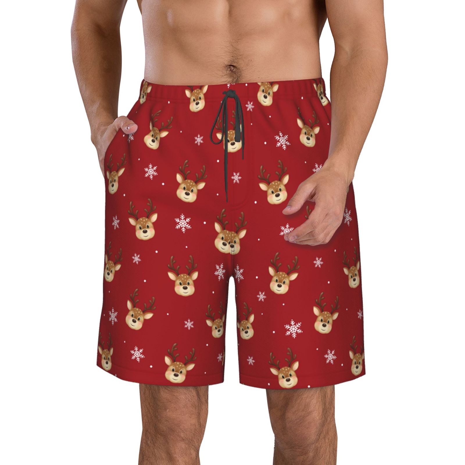 Rocae Reindeer Faces Festive Red for Men's Beach Shorts Casual Elastic ...