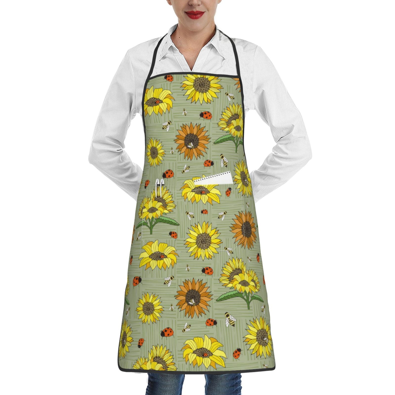Rocae Sage Green With Sunflowers for Kitchen Aprons for Women Adjustable Cooking Kitchen Chef ...