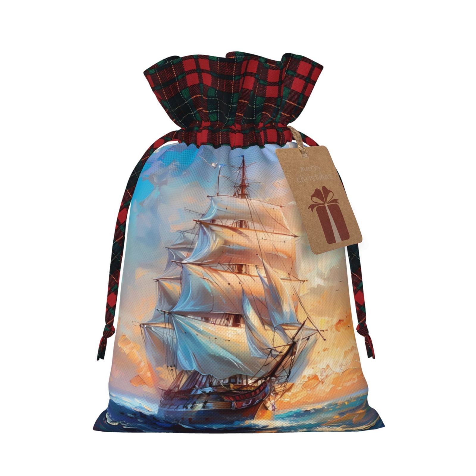 Rocae Sailing Ship Ocean Sunset Print Christmas Drawstring Linen Gift ...