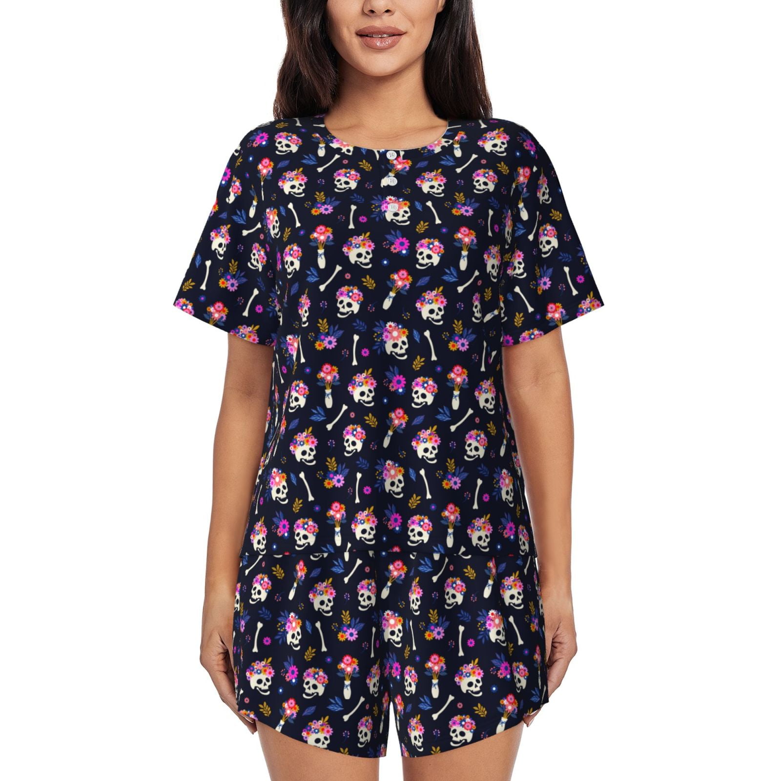 Rocae Skulls In Floral for Two Piece Sleepwear Pajamas Sets for Women ...