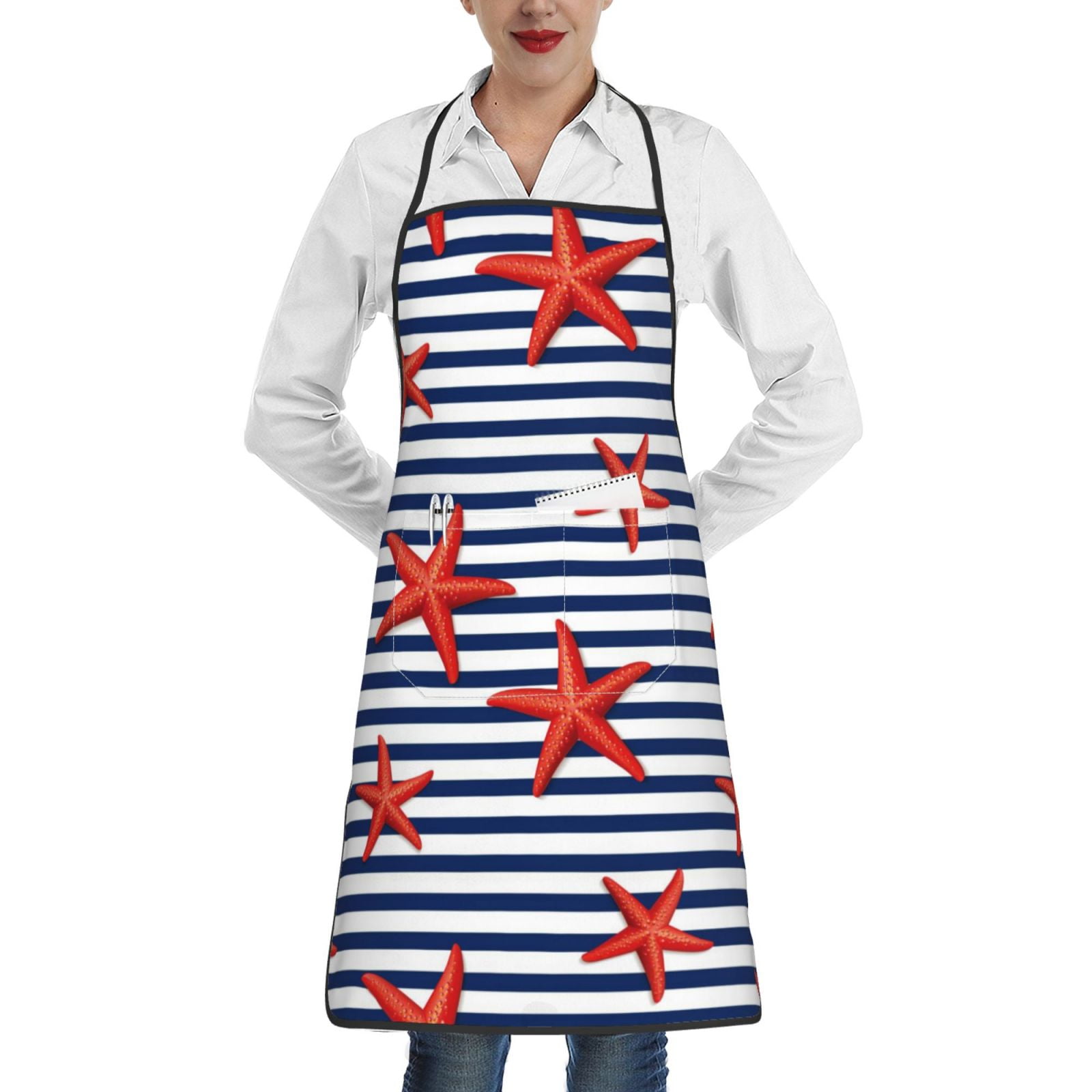 Rocae Starfish Navy Blue Stripe for Kitchen Aprons for Women Adjustable ...