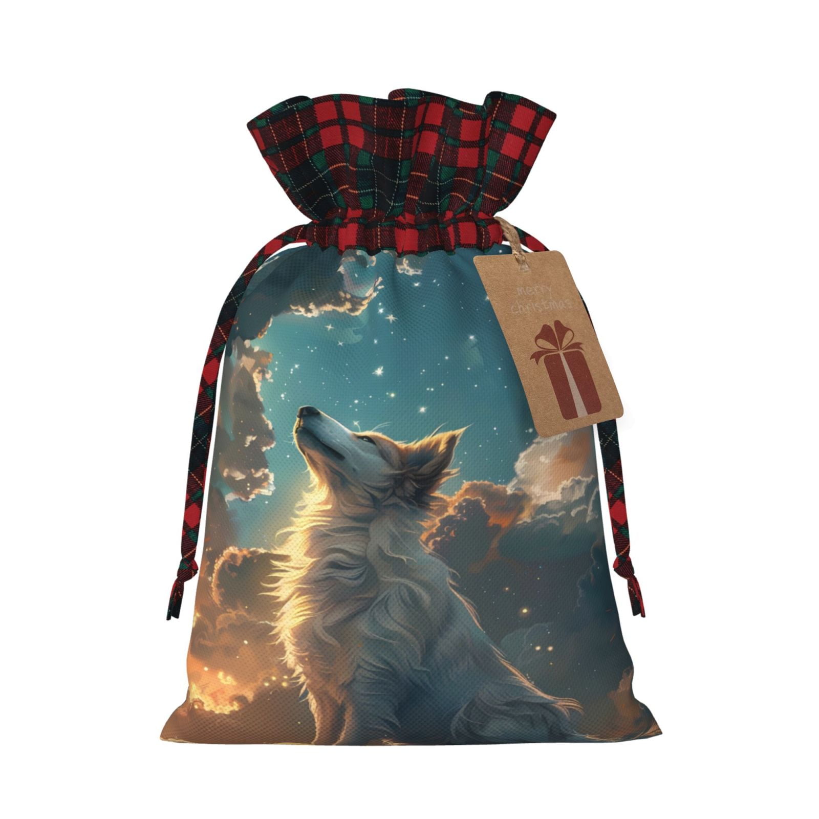 Rocae Starry Sky Cloud Wolf Print Christmas Drawstring Linen Gift Bag ...