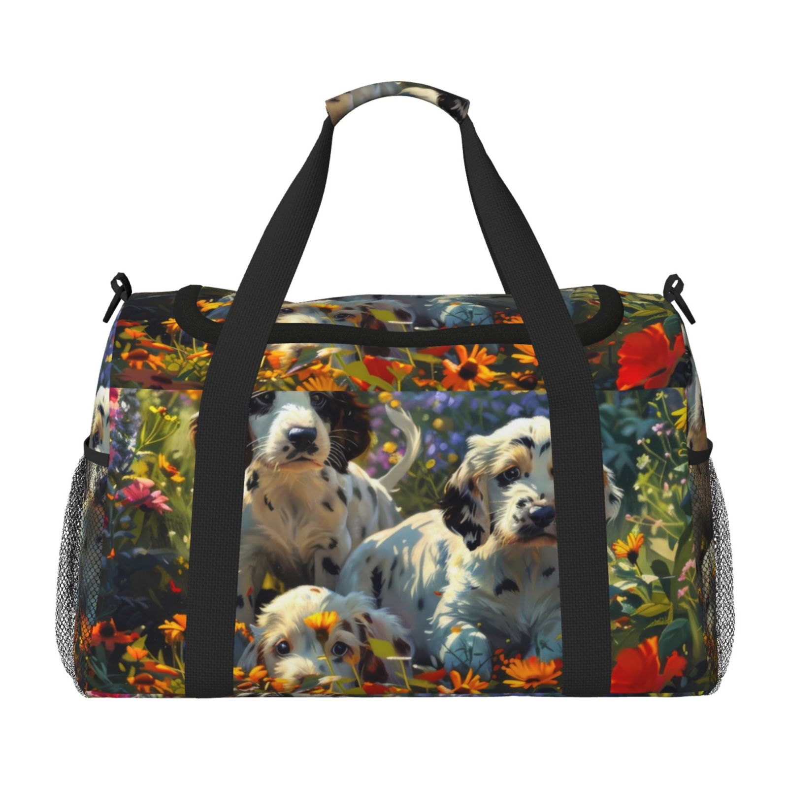 Rocae Sunflower Field Spotted Dog Print Hand Travel Bag Travel Duffel ...