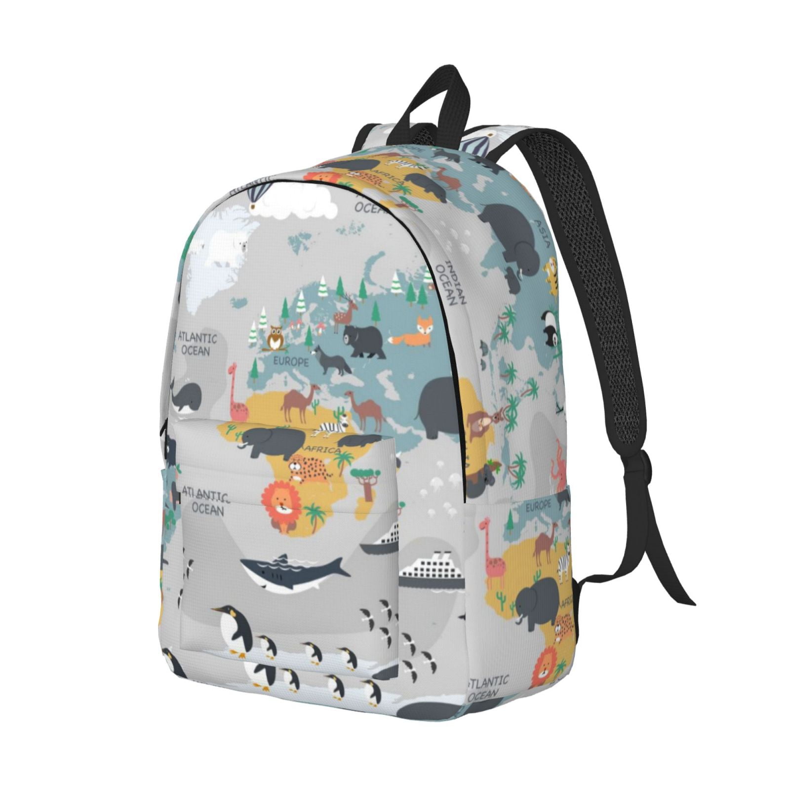 Rocae The World Map with Cartoon Animals for Durable Canvas Backpack ...