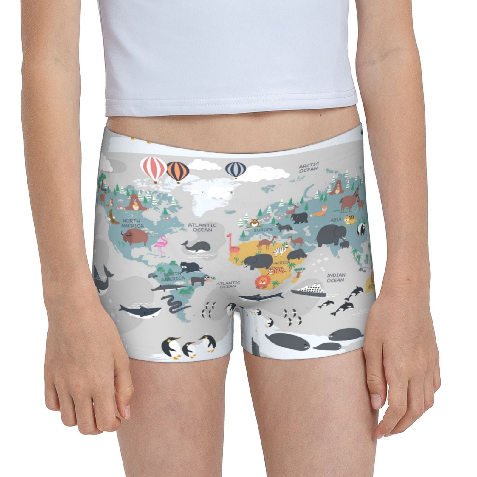 Rocae The World Map with Cartoon Animals for Girls' Cotton Boxer Briefs ...