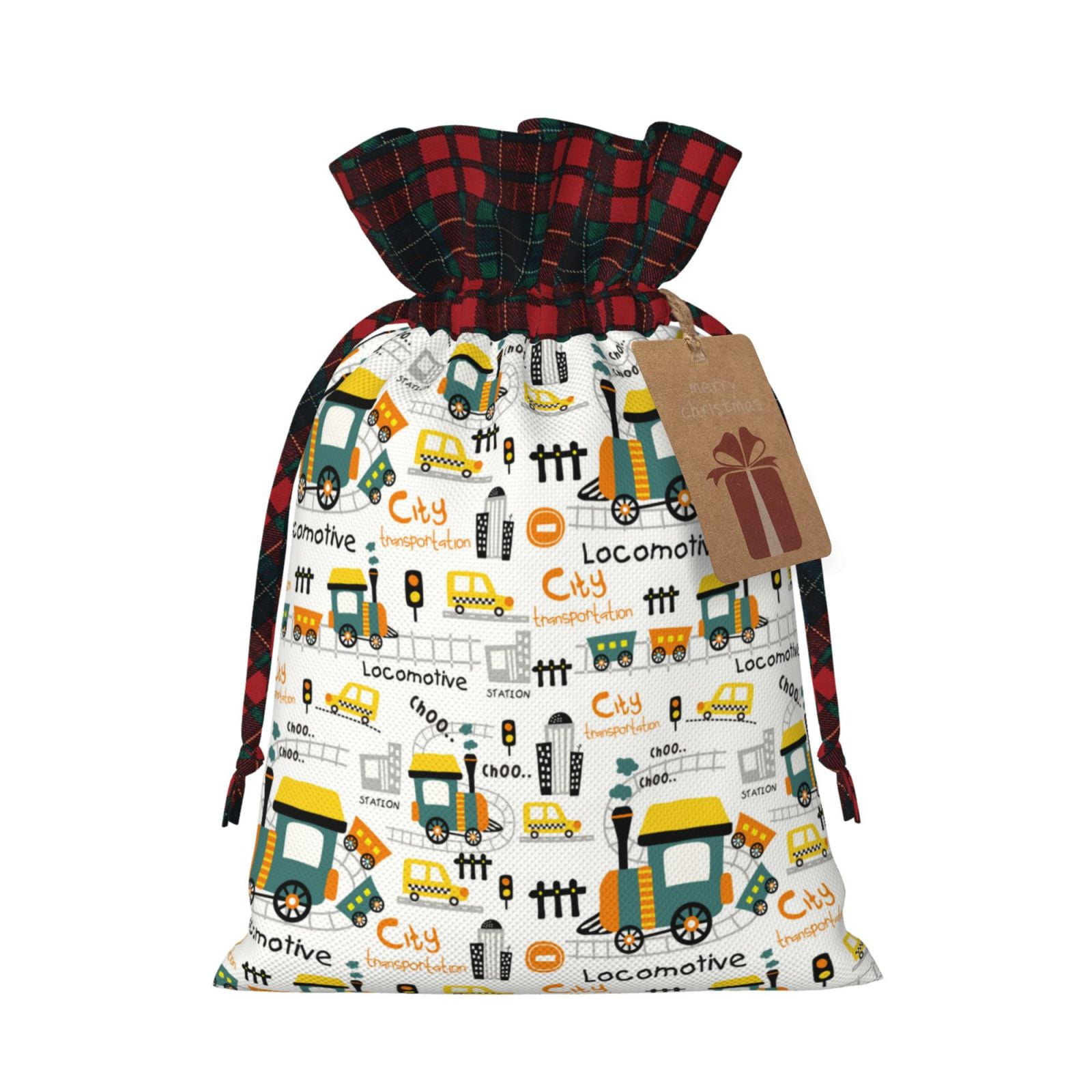 Rocae Transportation Cartoon Print Christmas Drawstring Linen Gift Bag ...