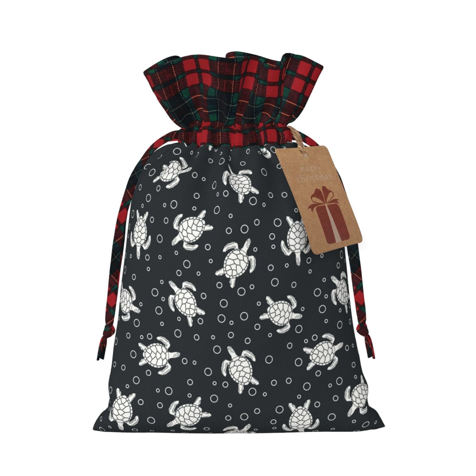 Rocae Turtle Print Christmas Drawstring Linen Gift Bag with Drawstrings ...