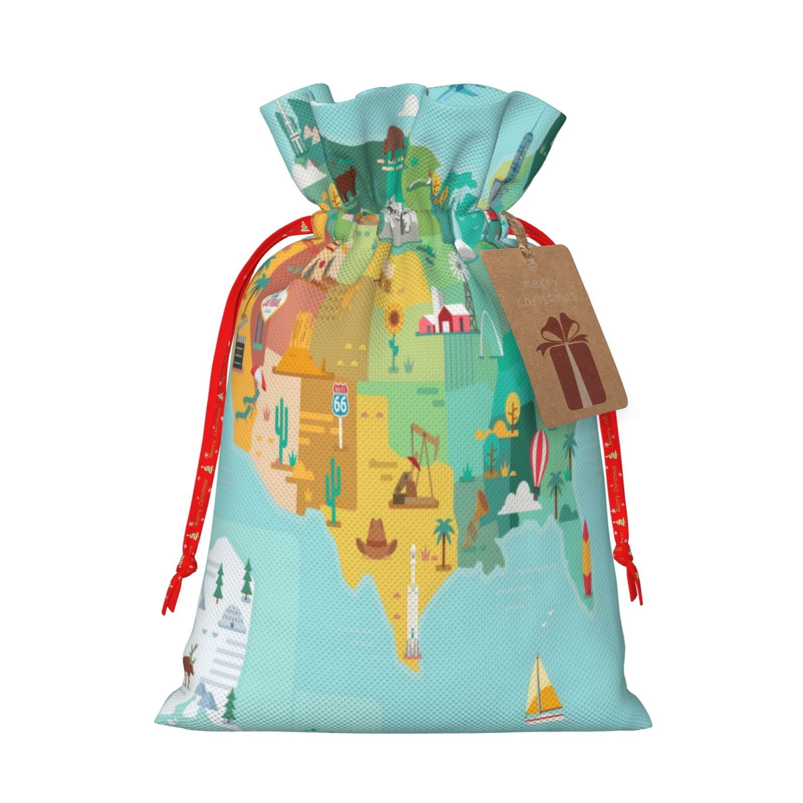 Rocae USA Tourist Map for Christmas Drawstring Linen Gift Bag with ...