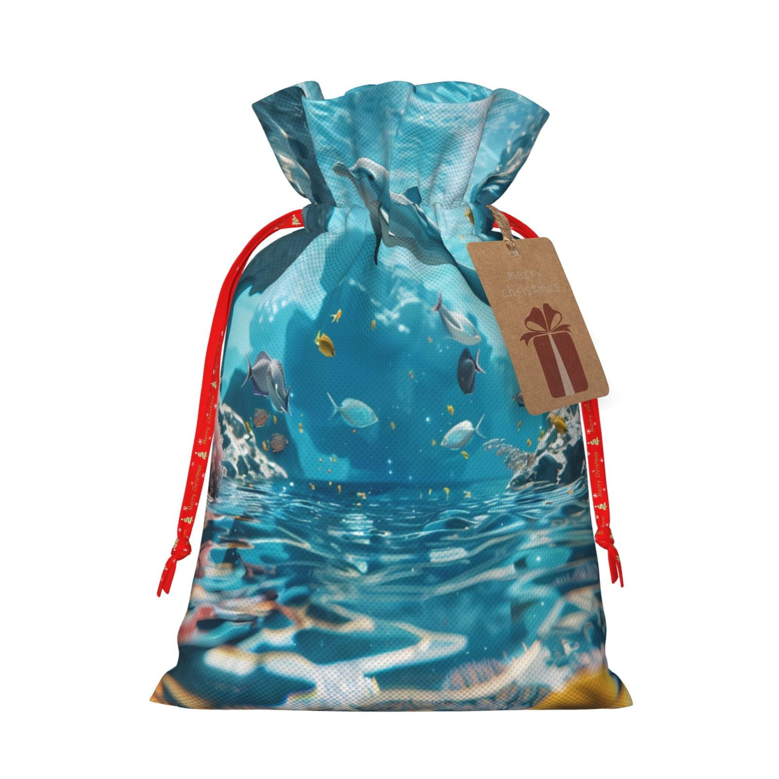 Rocae Underwater Dolphin Scene for Christmas Drawstring Linen Gift Bag with Drawstrings Treat ...