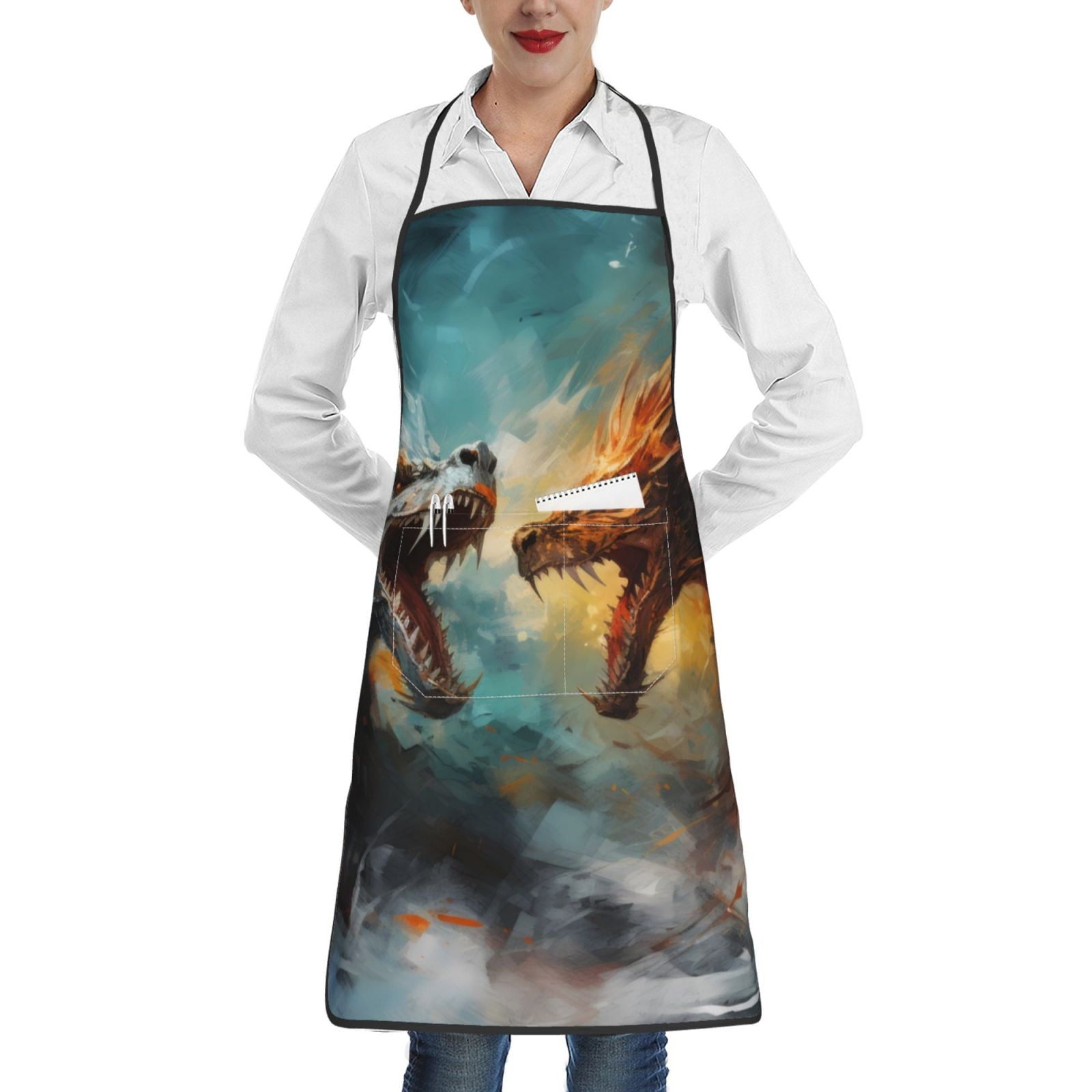 Rocae White And Red Sketch Dragon for Kitchen Aprons for Women ...