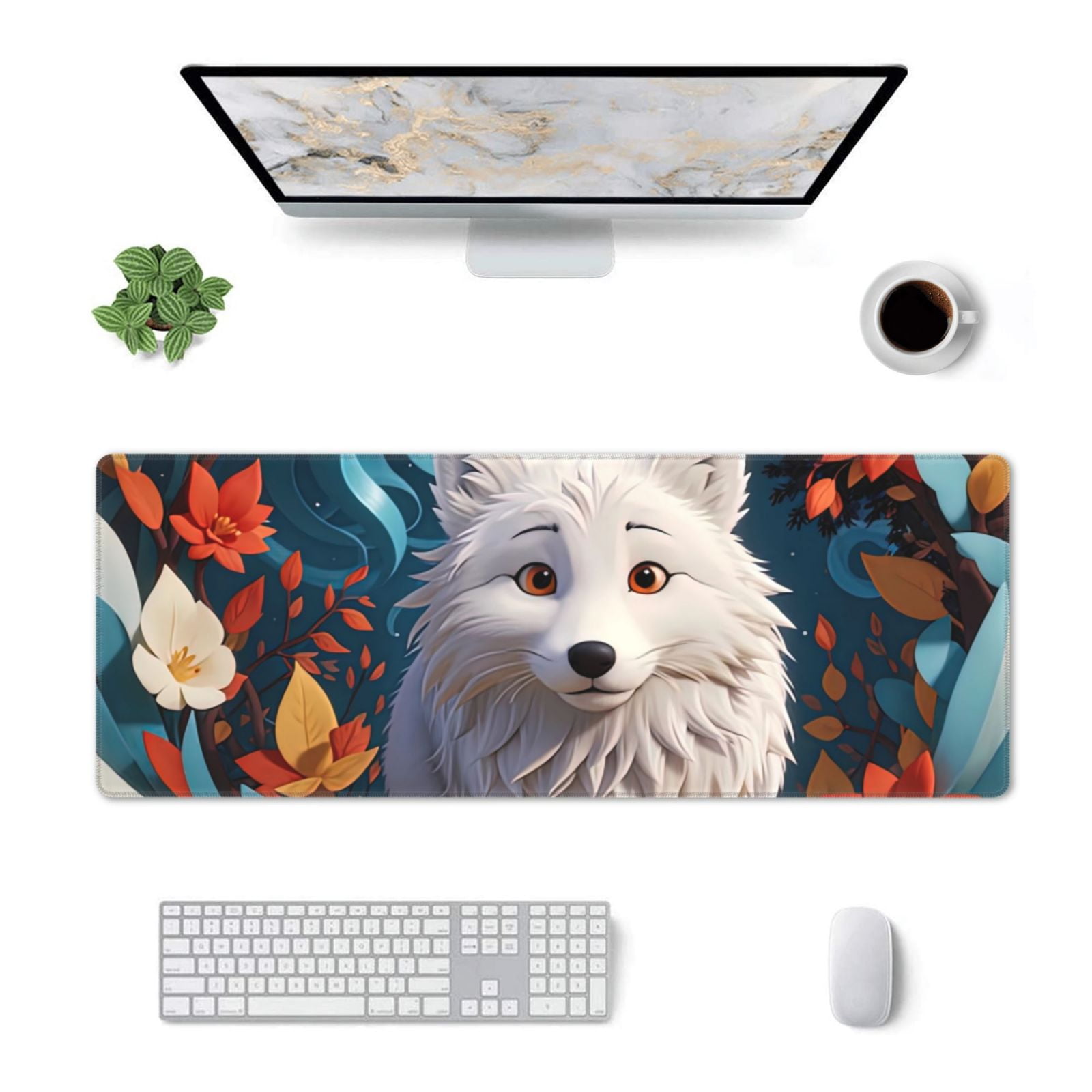 Rocae White Wolf With Flowers for Gaming Mouse Pad, Mouse Pad Large ...