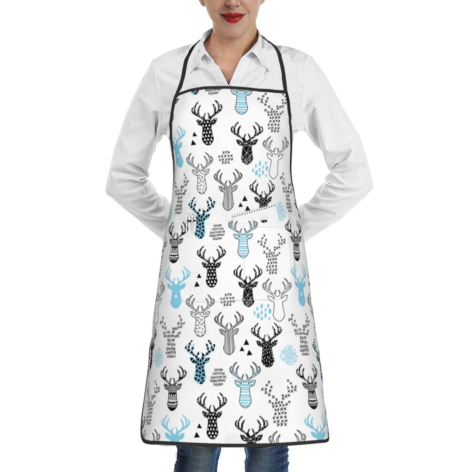 Rocae Winter Art Blue and Black Moose for Kitchen Aprons for Women ...