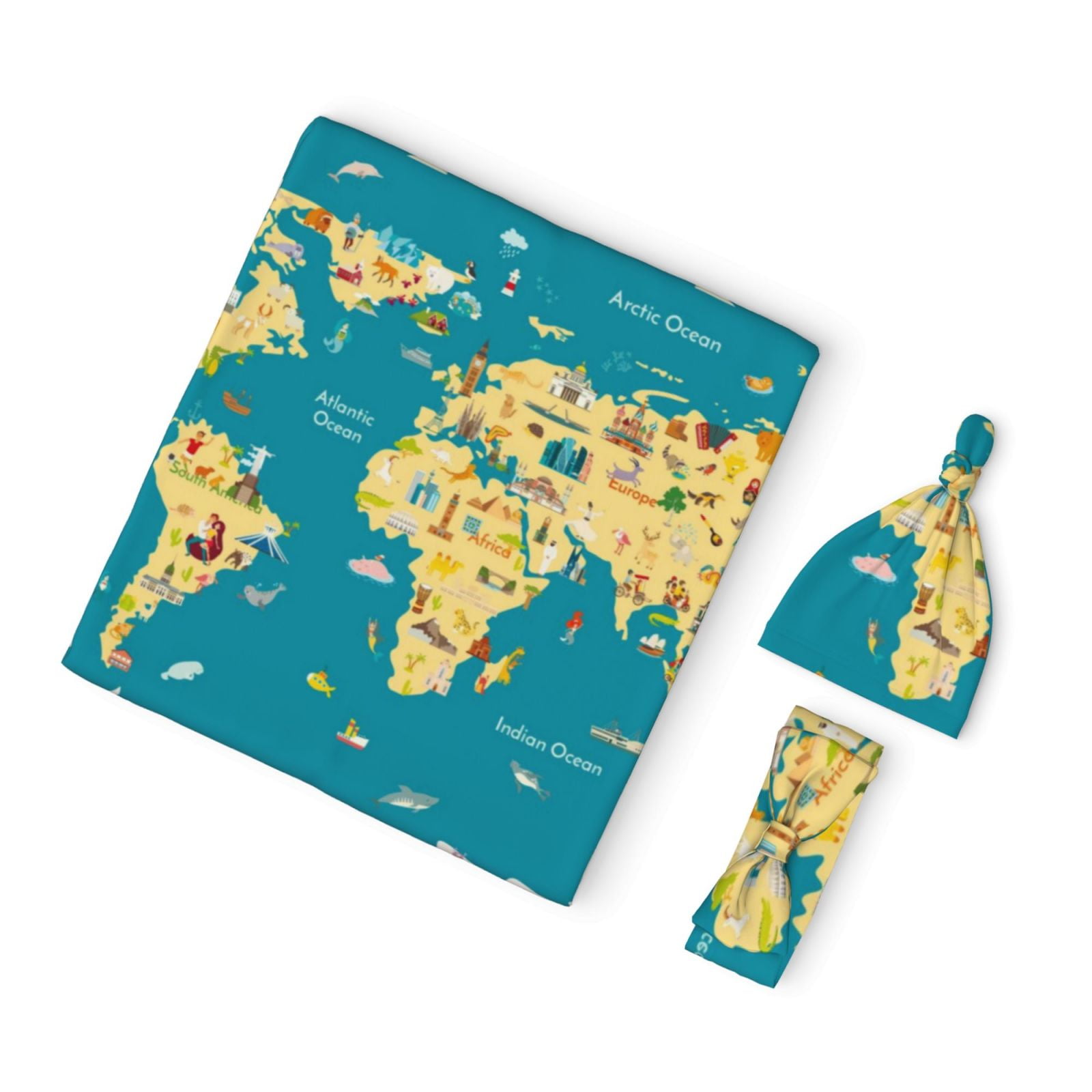 Rocae World Map With Landmarks for Newborn Swaddle Set with Matching ...