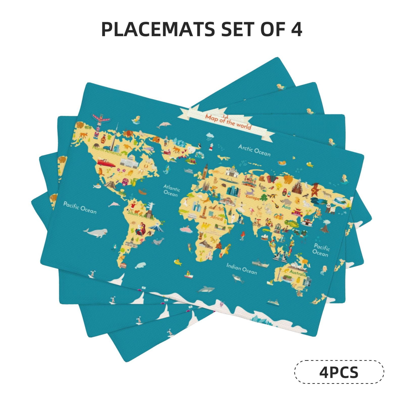 Rocae World Map With Landmarks Printed Heat Resistant Place Mats ...