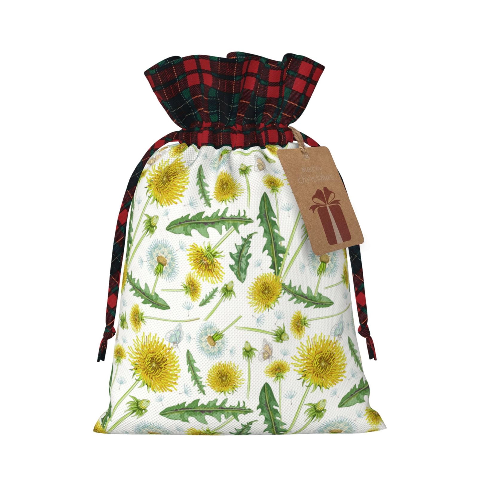 Rocae Yellow Dandelions Print Christmas Drawstring Linen Gift Bag with ...