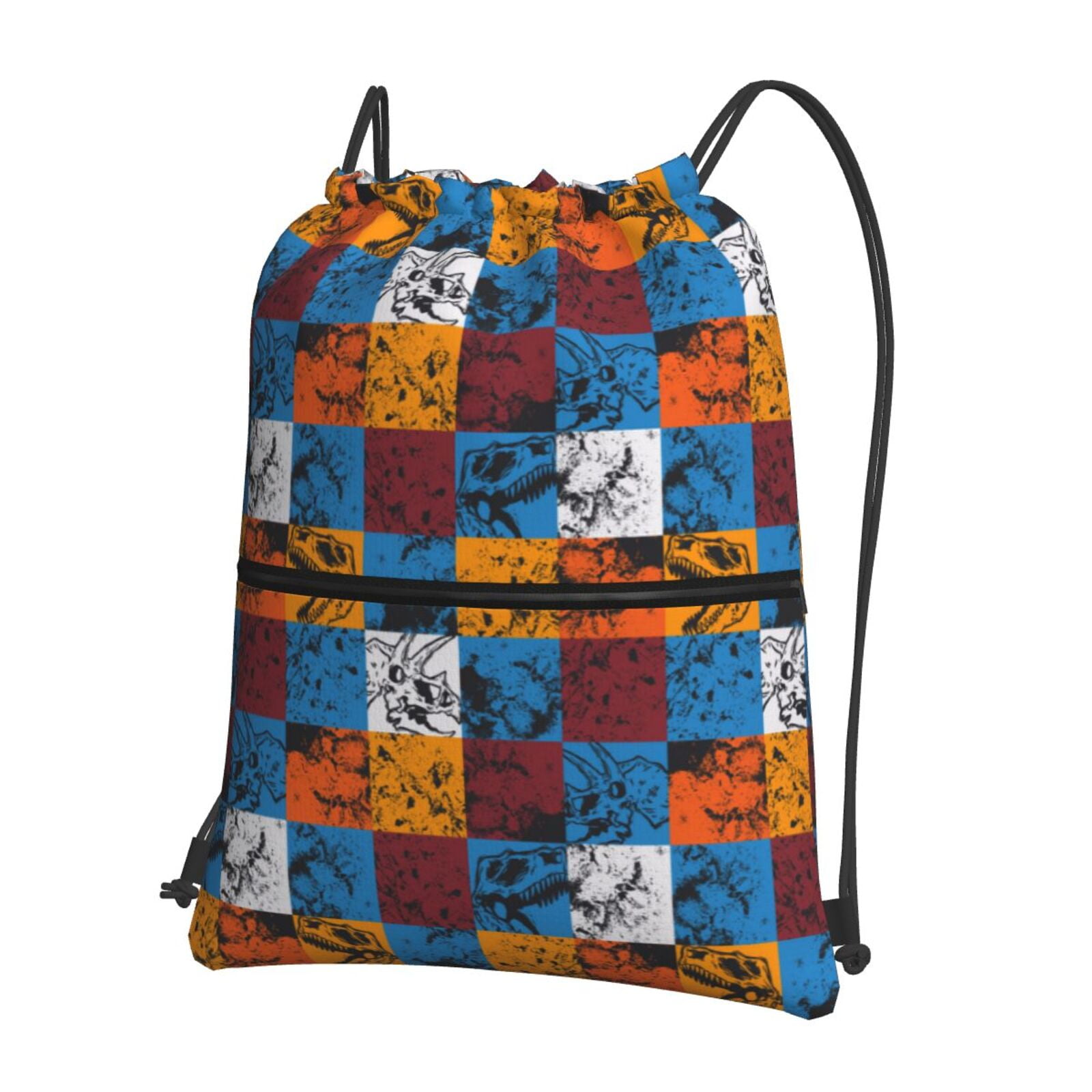 Rocae colorful plaid Dinosaur for Drawstring zipper Backpack Gym ...