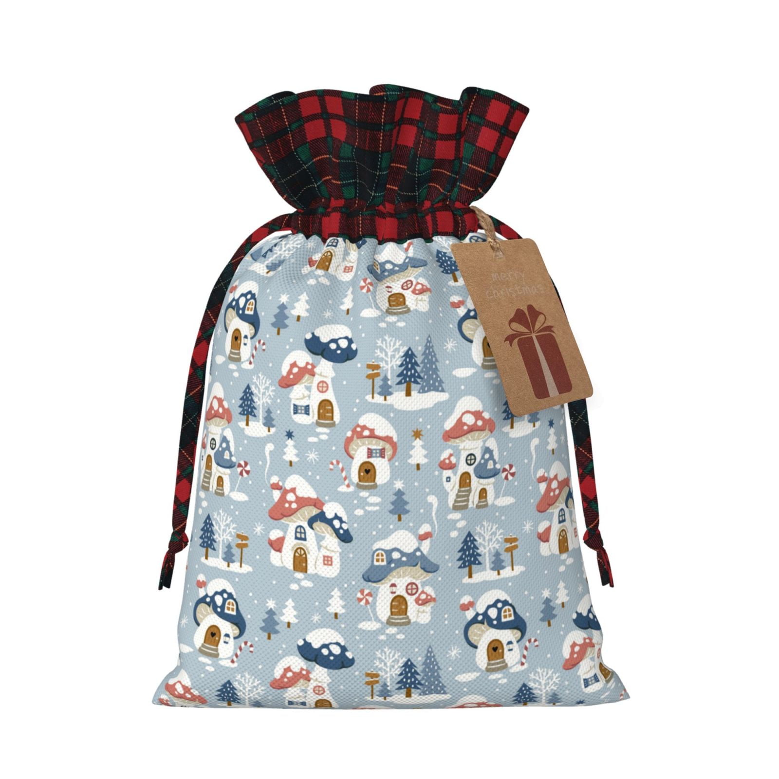Rocae cute Mushroom Village Print Christmas Drawstring Linen Gift Bag ...