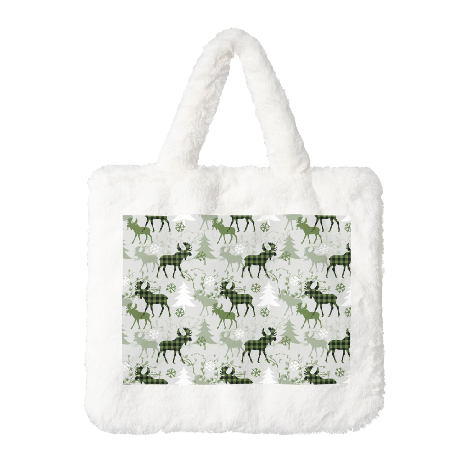 Rocae green plaid Moose tree or Plush Underarm Bag White Furry Purse ...