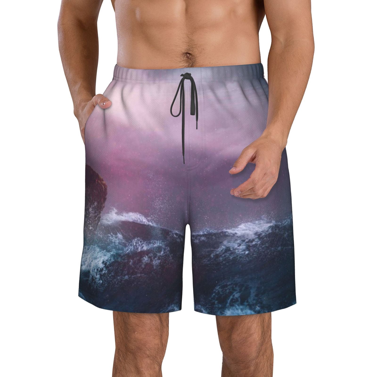 Rocae lighthouse Waves Torrential Rain for Men's Beach Shorts Casual ...