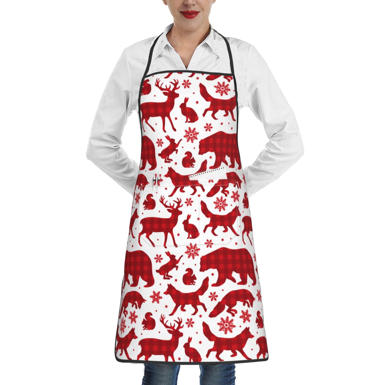 Rocae red plaid Moose Bunny bear for Kitchen Aprons for Women ...