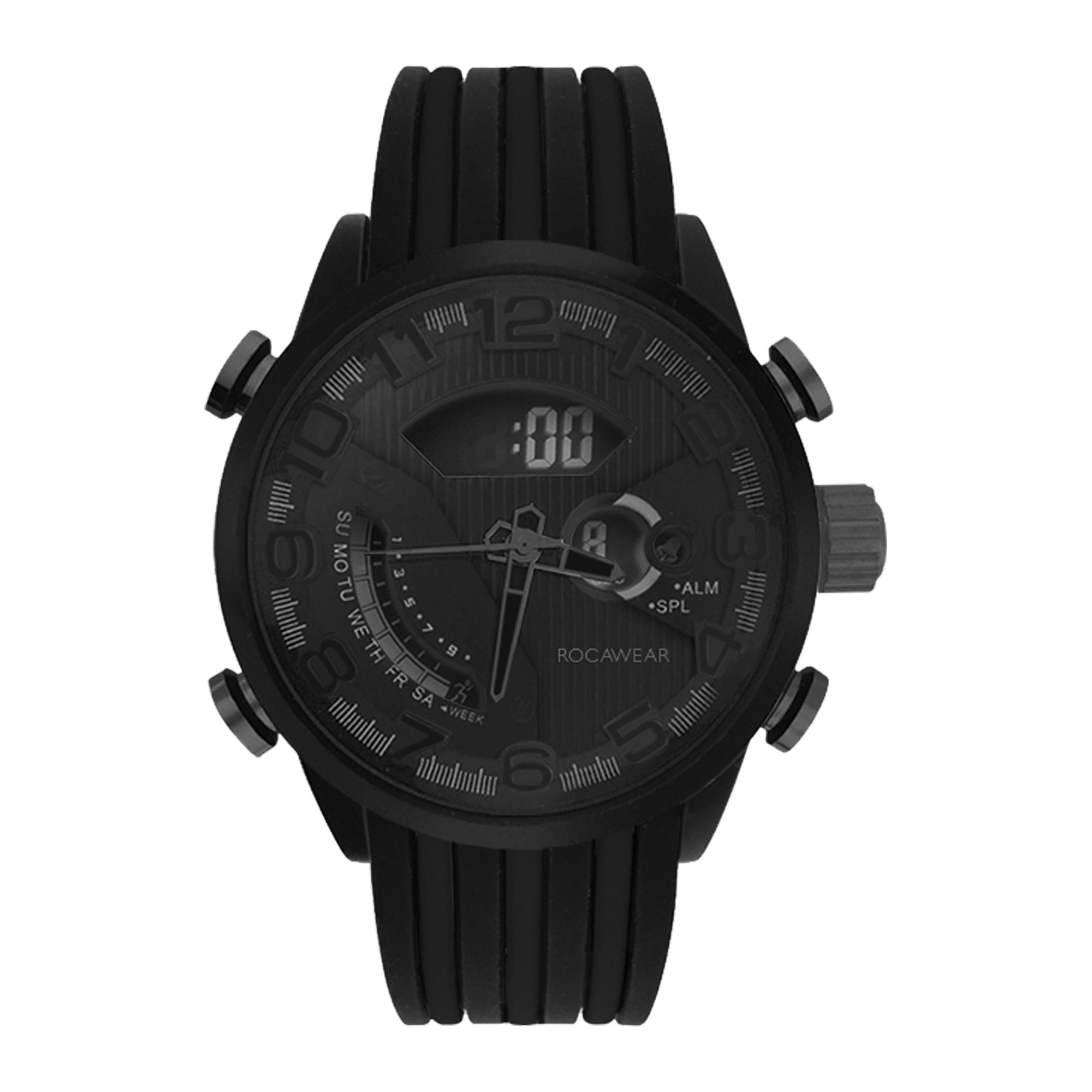 Rocawear Mens Black Rubber Strap and Black Case Anadigi Wristwatch ...