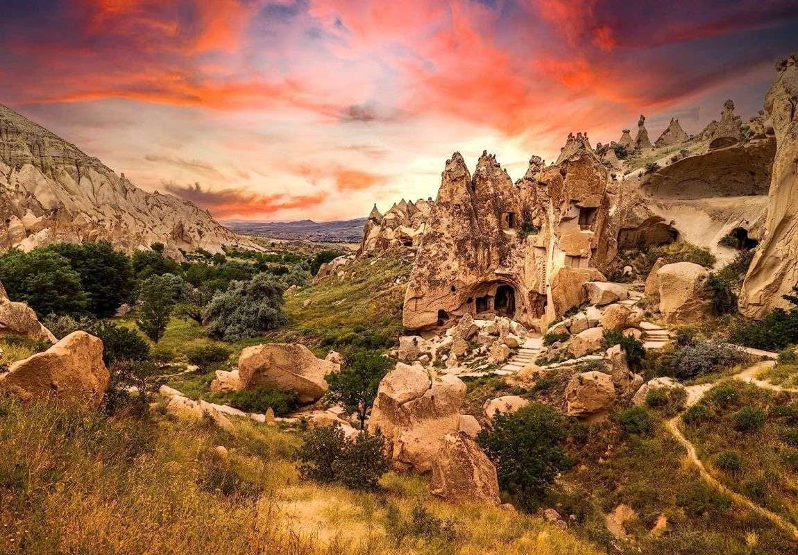 Rock Carved Houses Building Famous Landmark Backdrop Sunset Sky ...