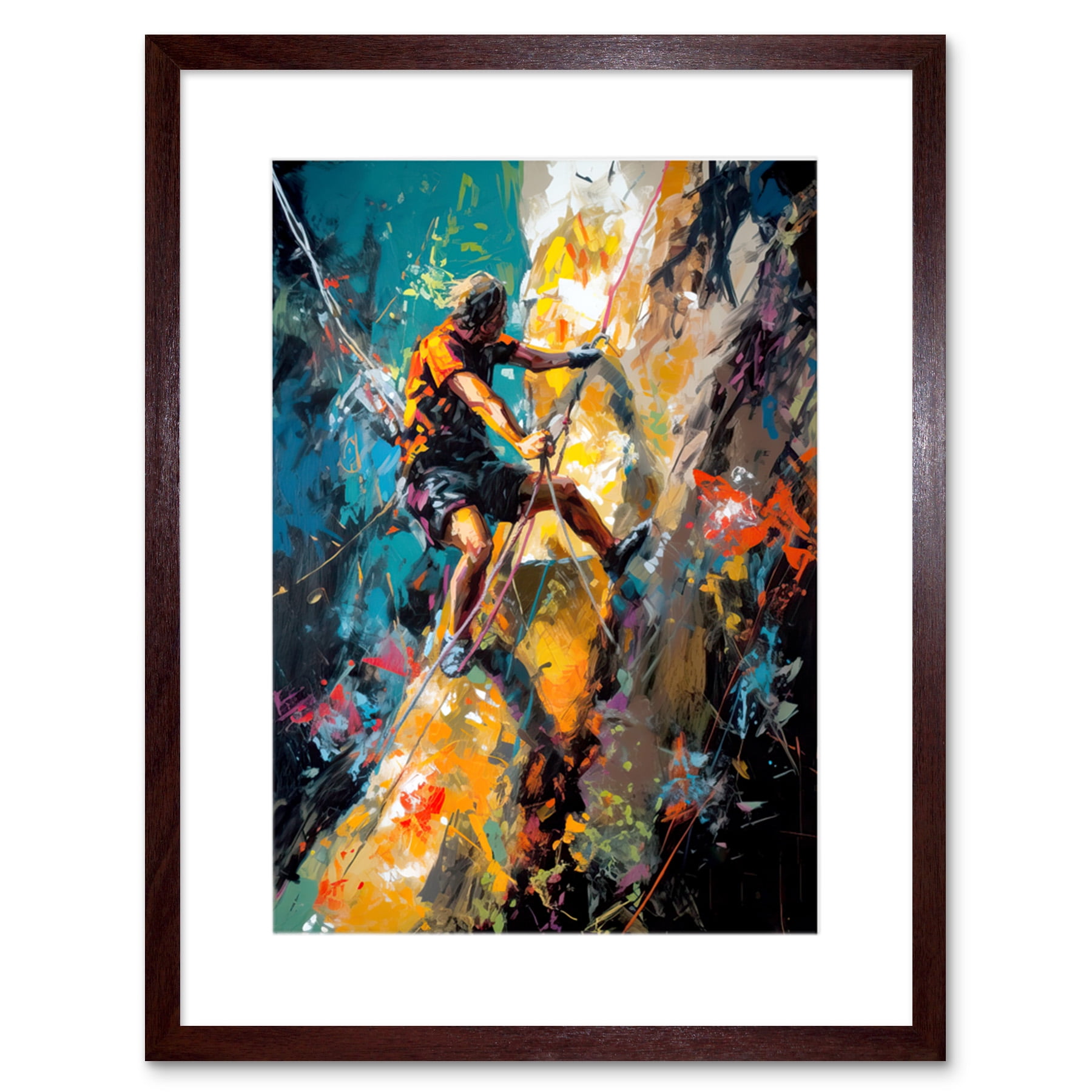 Rock Climber Climbing Multicoloured Mountain Cliff Artwork Framed Wall ...