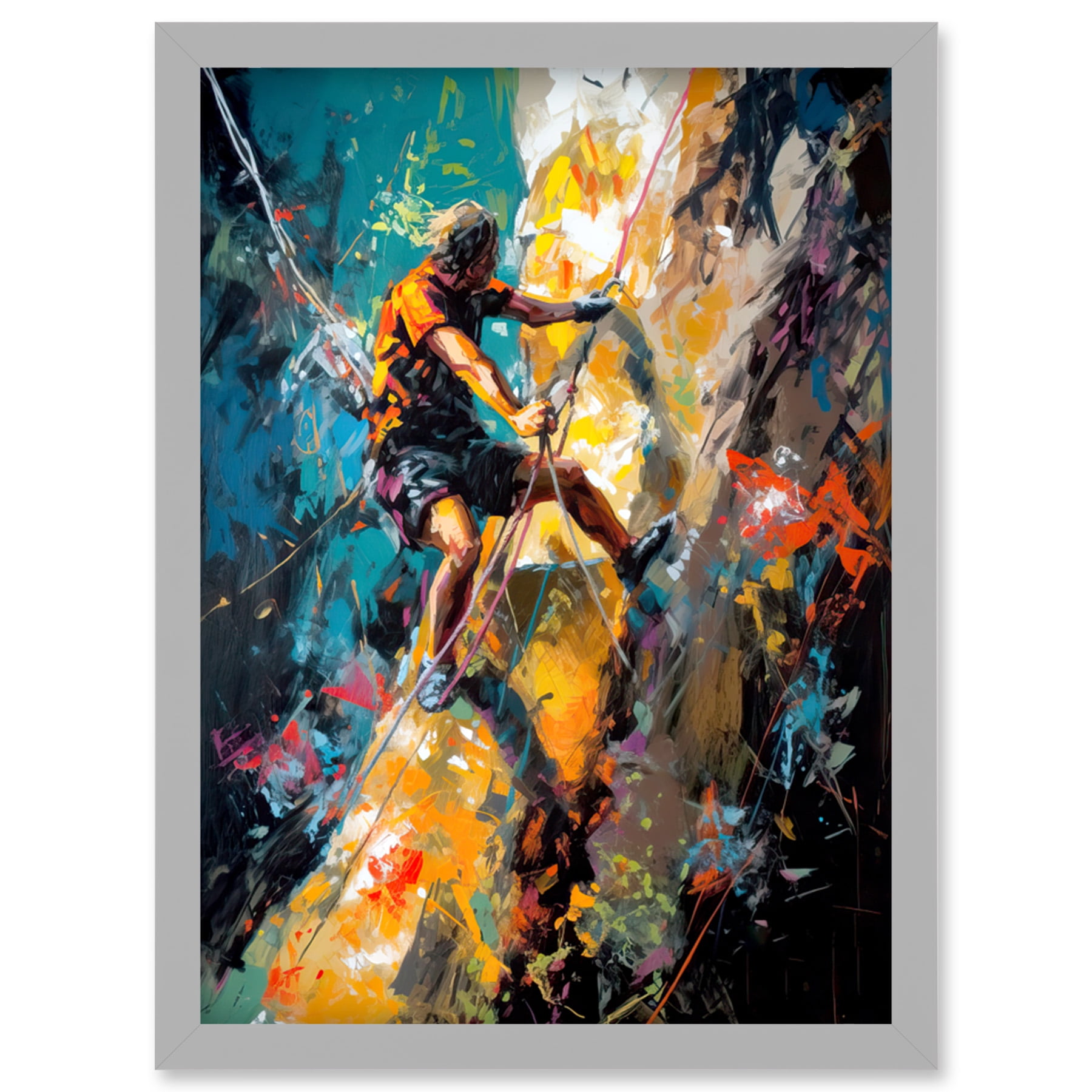Rock Climber Climbing Multicoloured Mountain Cliff Artwork Framed Wall ...