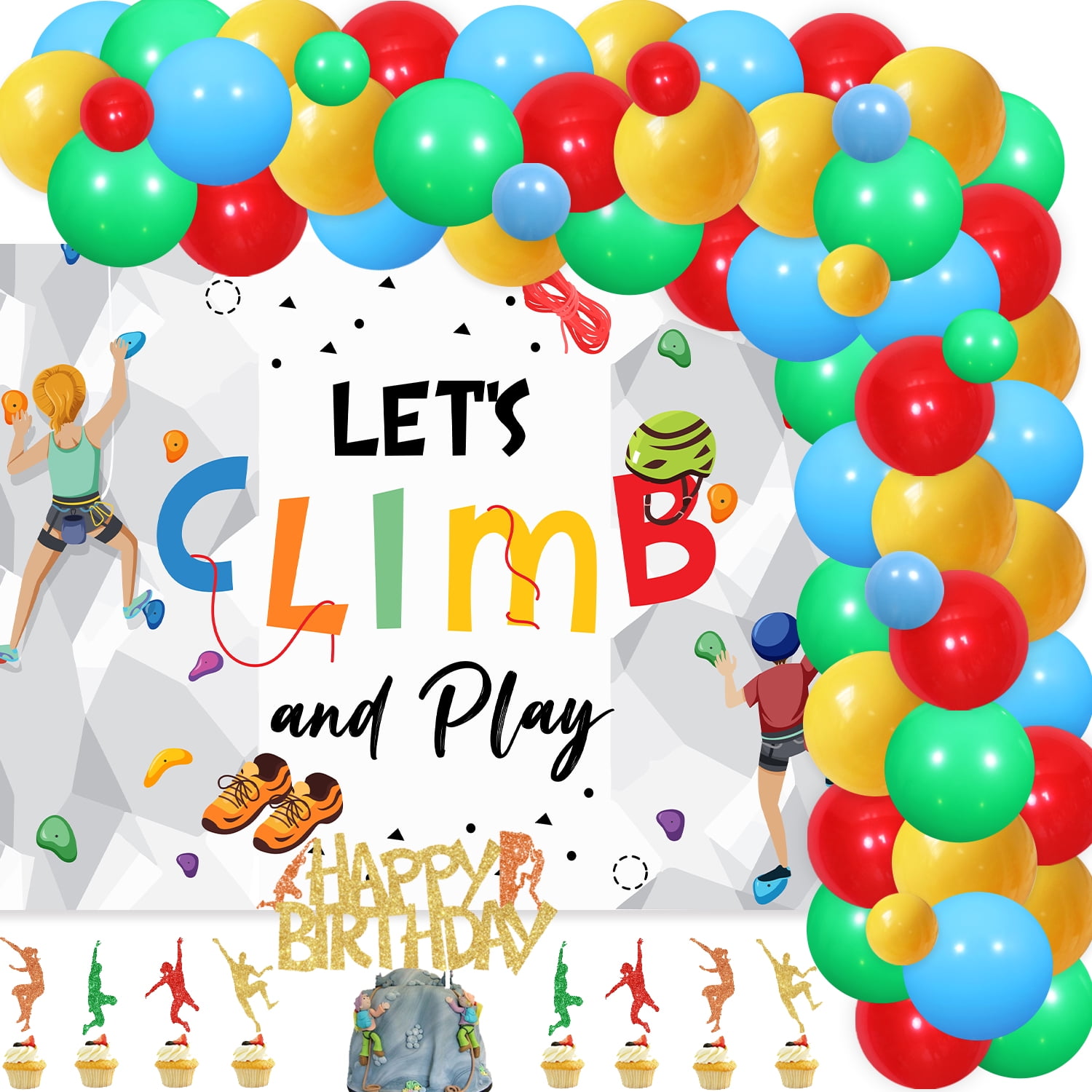 Rock Climbing Themed Birthday Decoration Set with Let's Climb Backdrop ...