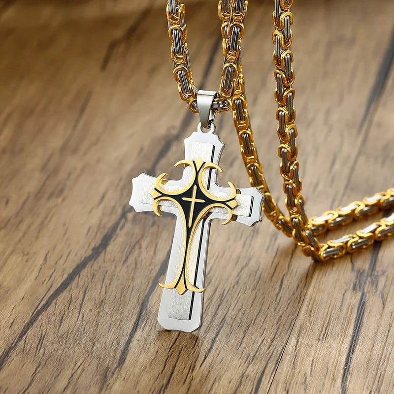 Rock Cross Necklace for Men,14K White Gold Stylish Byzantine Chain ...