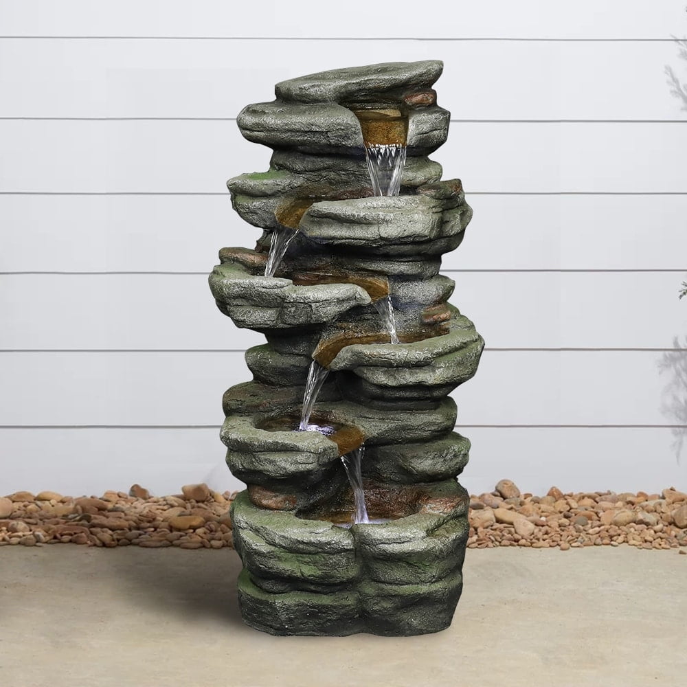 Rock Falls Outdoor Water Fountain w/LED Lights Water Feature for Patio ...