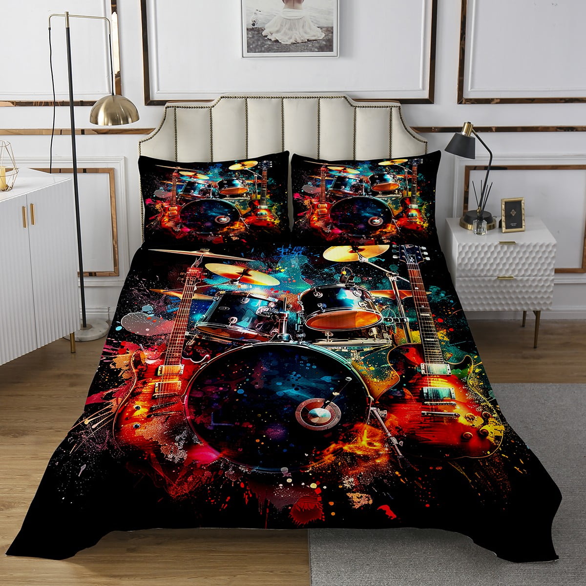 Rock Music Bedspread Set Queen,Modern Pop Musical Instrument Bedding ...