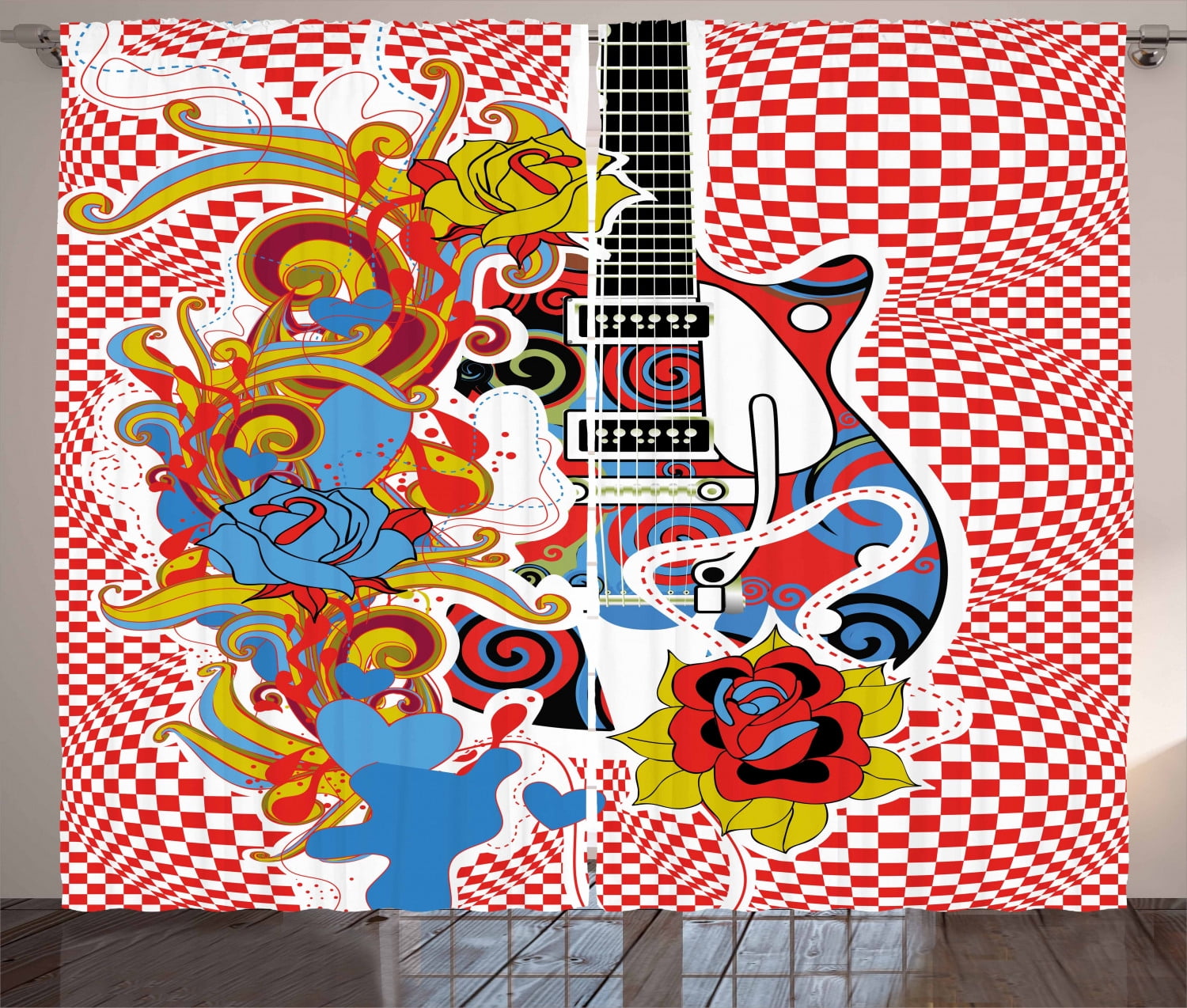 Ambesonne Rock Music Curtains 2 Panel Set, 60s Inspired Guitar, 108" x ...