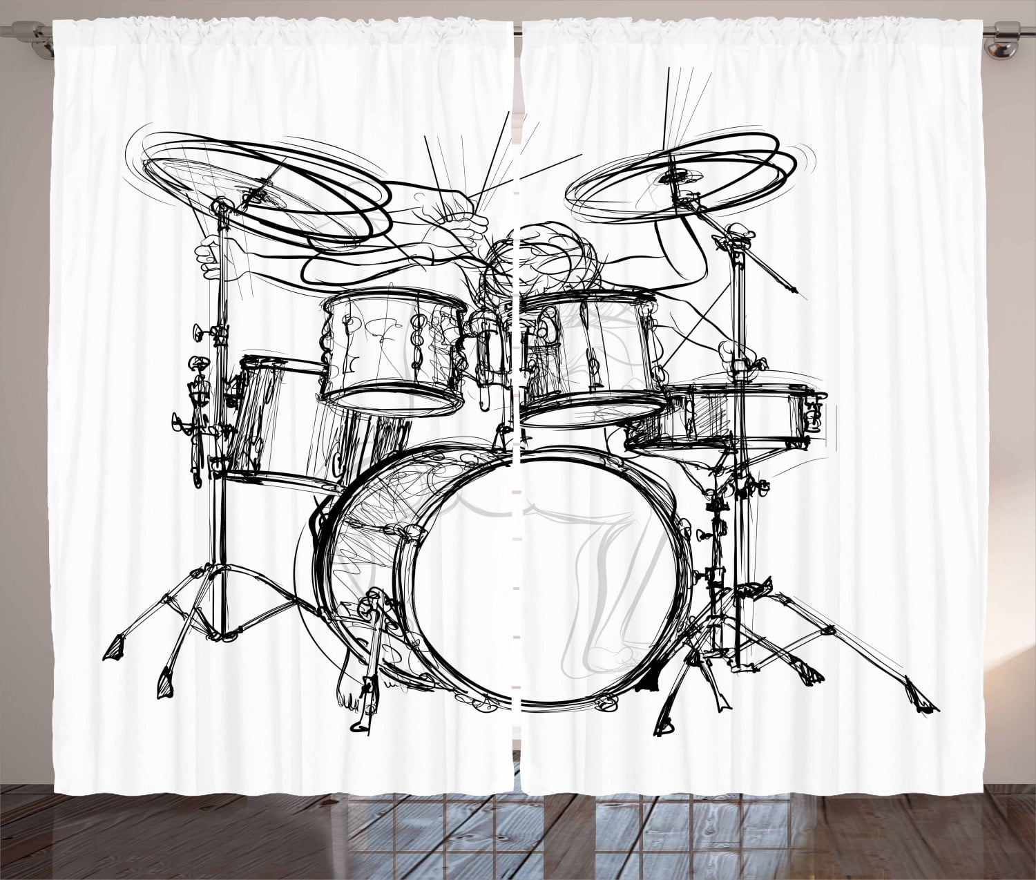 Ambesonne Rock Music Curtains 2 Panel Set, Drummer Doodle Art, 108" x ...