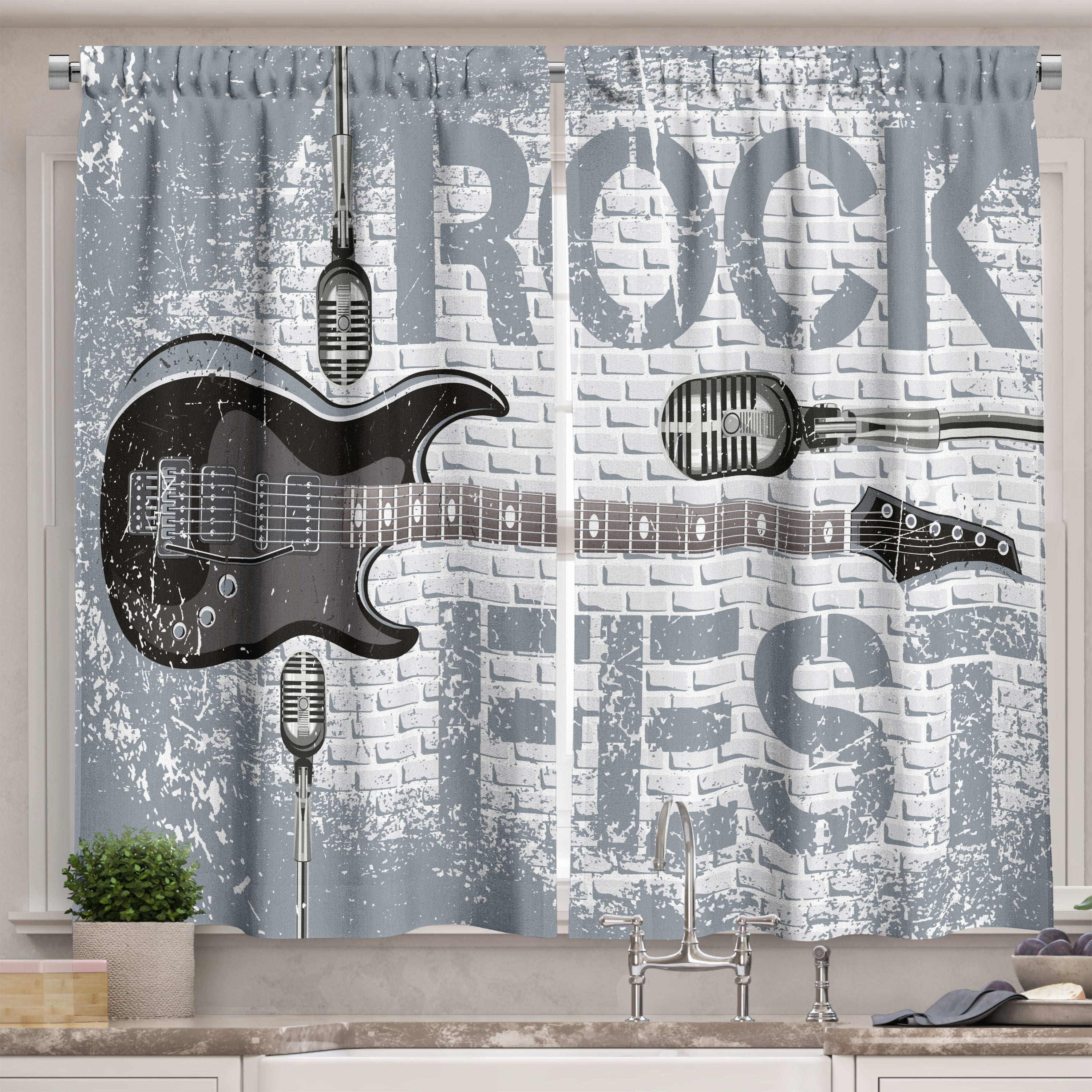 Rock Music Curtains 2 Panels Set, Grunge Color Splashed Brick Wall ...